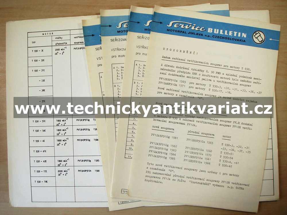 Tatra motory T930 - seřizovací předpisy vstřikovacích souprav PV12A ...